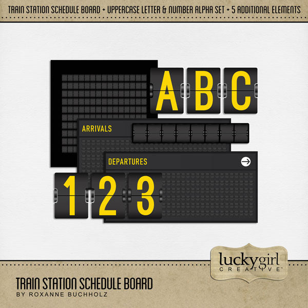 Train Station Schedule Board Digital Scrapbook Kit – Lucky Girl Creative