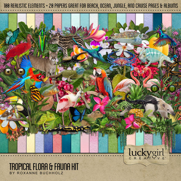 Tropical Flora & Fauna Watercolor Papers Digital Scrapbook Kit – Lucky ...